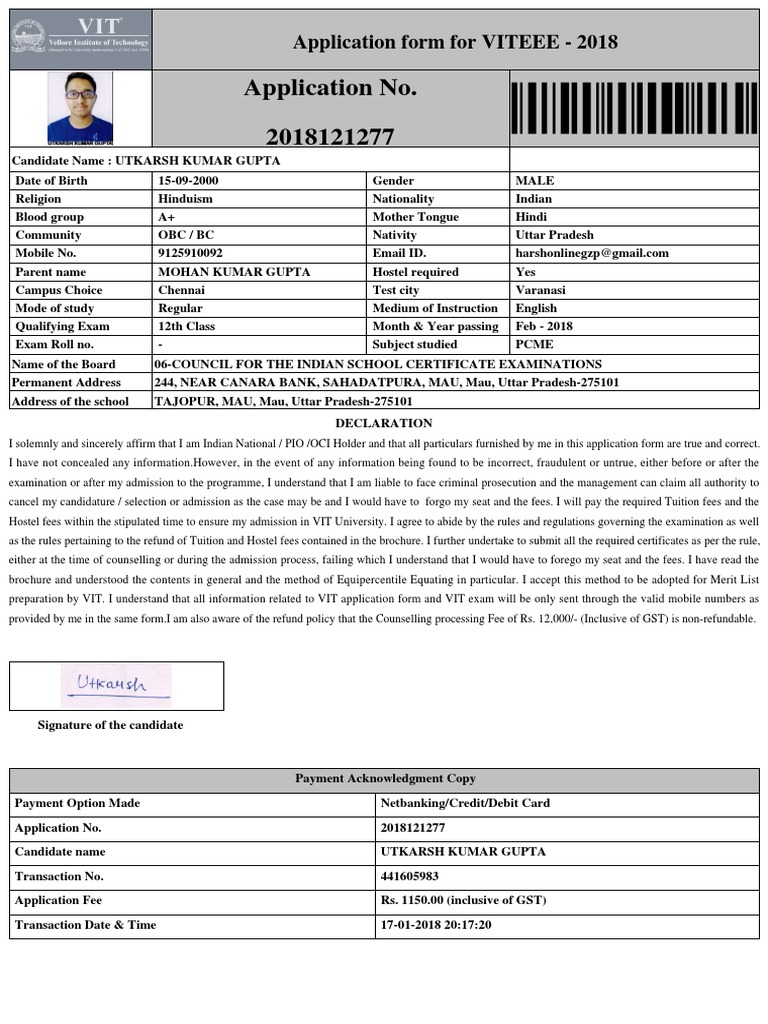 Application No. 2018121277: Application Form For VITEEE - 2018 | PDF ...