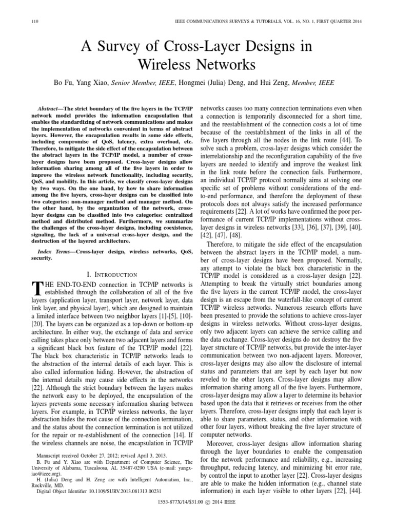 A Survey of Cross-Layer Designs in Wireless Networks | PDF | Computer Network | Channel Access ...