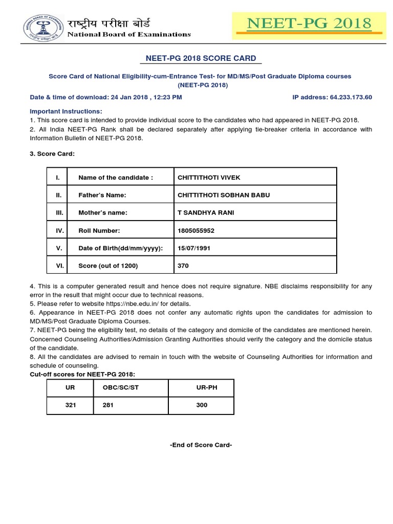 Neet-Pg 2018 Score Card | PDF