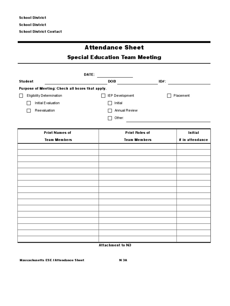 Attendance Sheet: Special Education Team Meeting | PDF