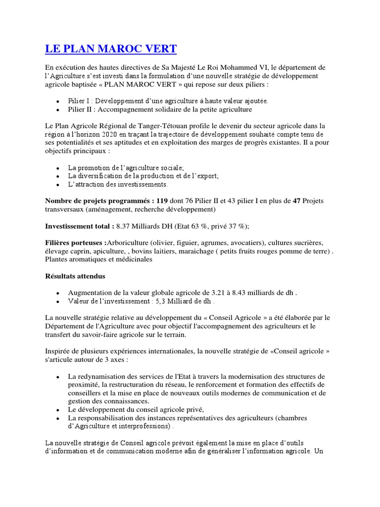 Le Plan Maroc Vert | PDF | Maroc | Agriculture