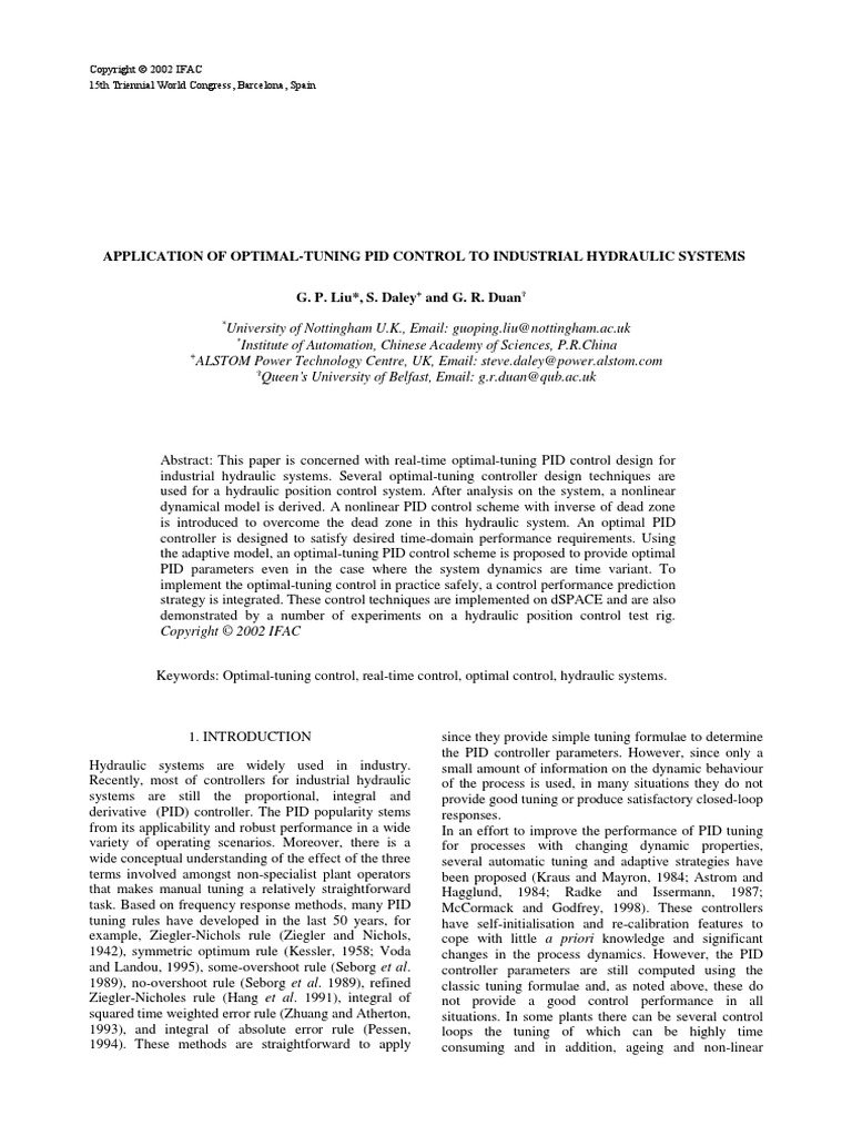 Application Of Optimal Tuning Pid Control To Industrial Hydraulic Systems Pdf Control Theory