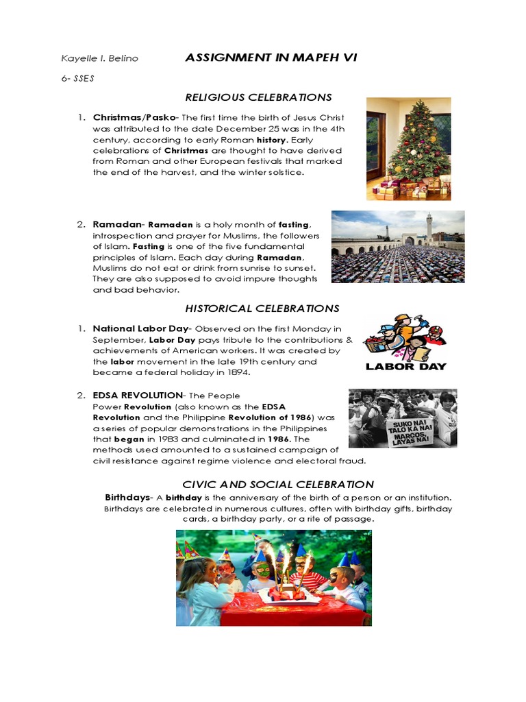 Assignment in Mapeh Vi: Religious Celebrations | PDF