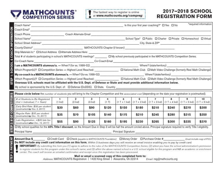 MATHCOUNTS 2017-18 Registration Form | PDF | Credit Card | Cheque
