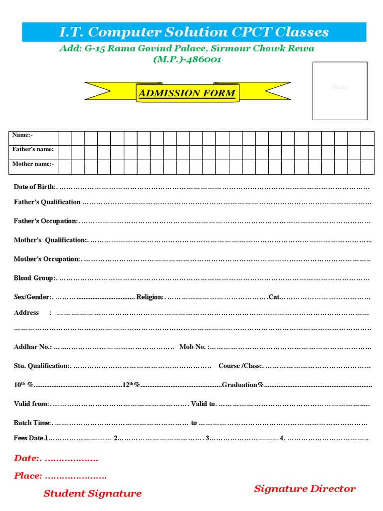 I.T. Computer Solution CPCT Classes: Admission Form | PDF