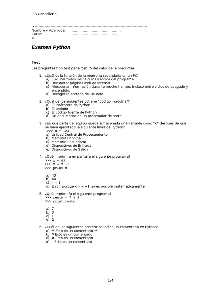 Examen pyhton | Python (Lenguaje de programación) | Programa de computadora