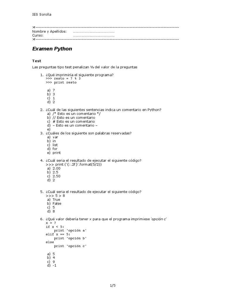 Examen Pyhton 2 Bat | Descargar gratis PDF | Python (lenguaje de ...