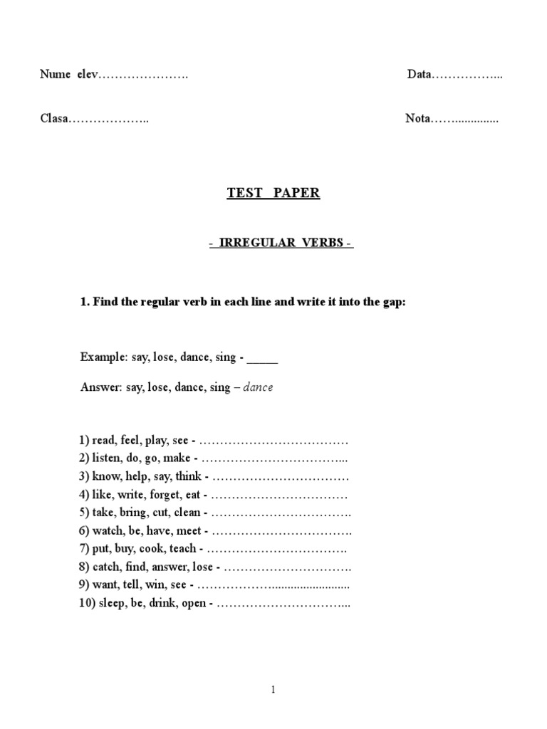Test Paper Irregular Verbs | Download Free PDF | Linguistic Typology ...