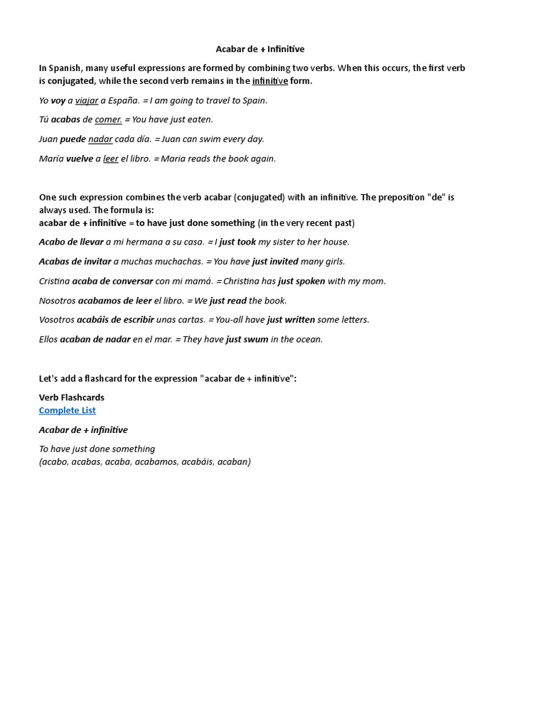 Acabar de + Infinitive Expression | PDF