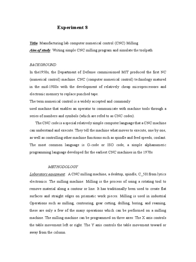 Experiment 8: Title: Manufacturing Lab Computer Numerical Control (CNC ...