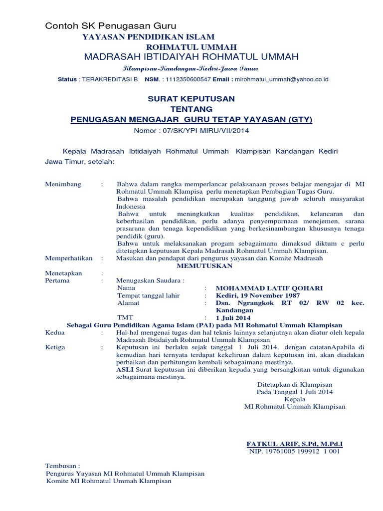 Contoh SK Penugasan Guru