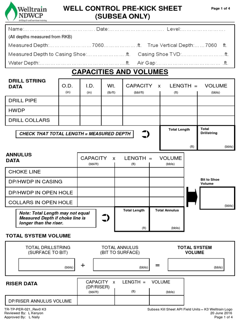 Welltrain Subsea Vertical Kill Sheet - API Field Units - Revised July ...