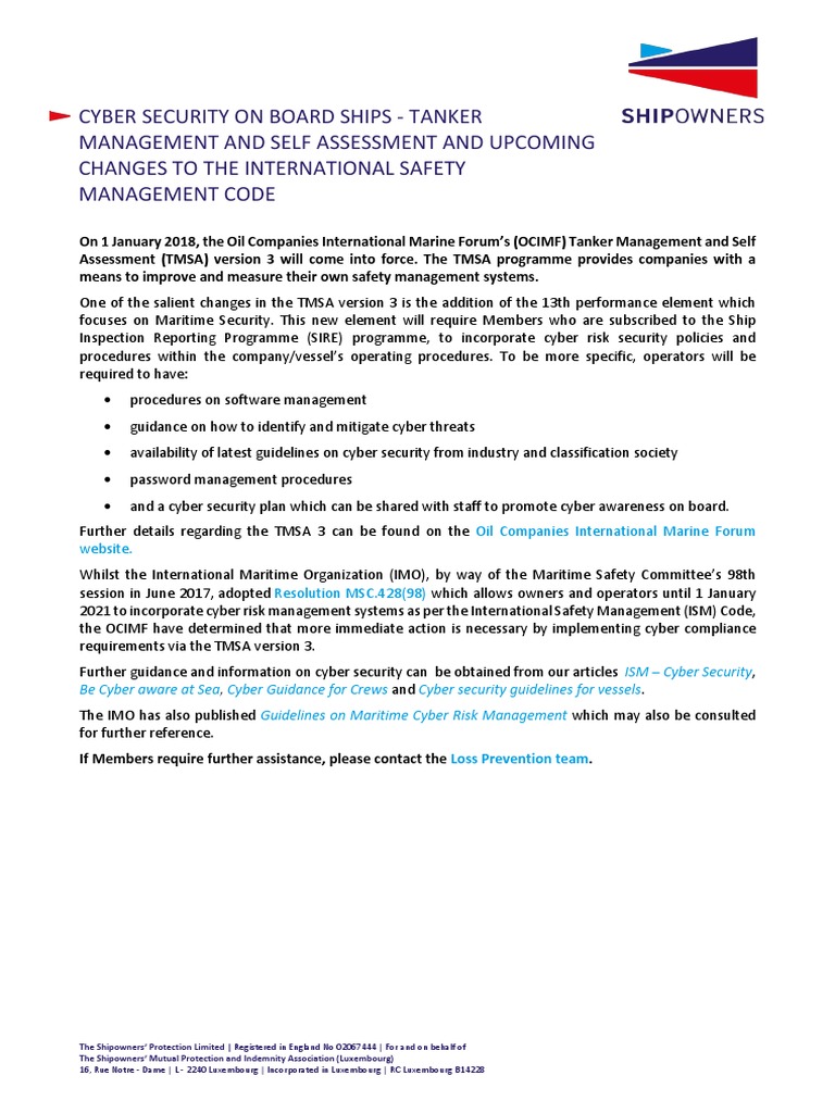 Cybersecurity in TMSA 3 for Ships | PDF
