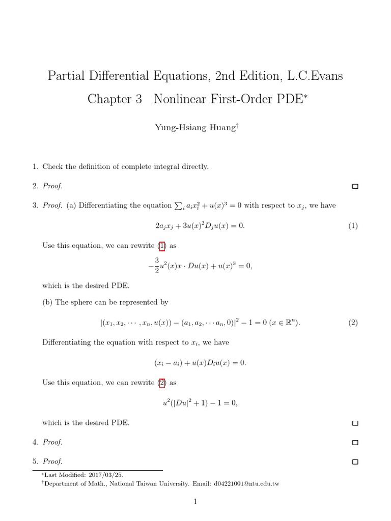 Evans Pde Solution Chapter 3 Nonlinear First Order Pde Pdf Partial Differential Equation
