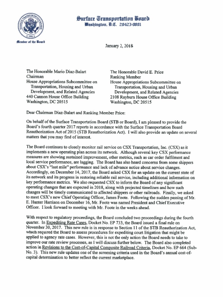STB Status Letter to U.S. House Appropriations Subcommittee on ...