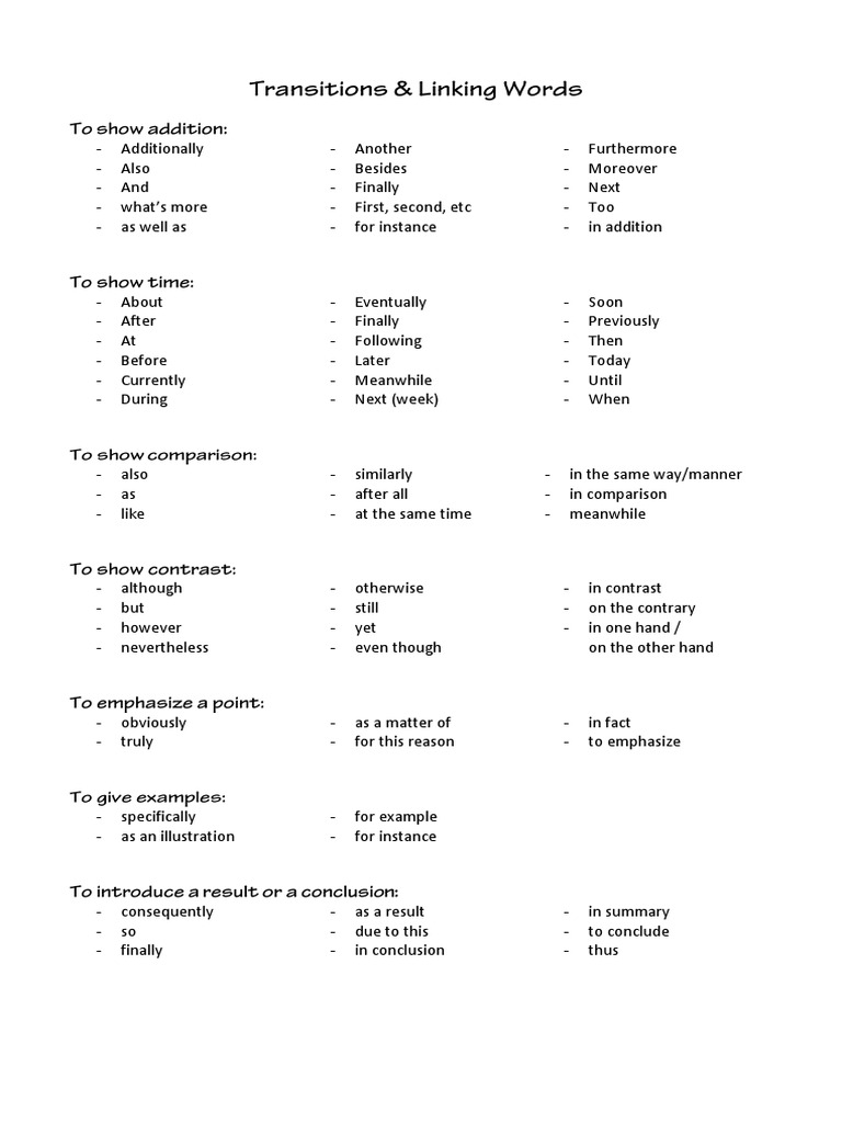 Transitions and Linking Words PDF | PDF