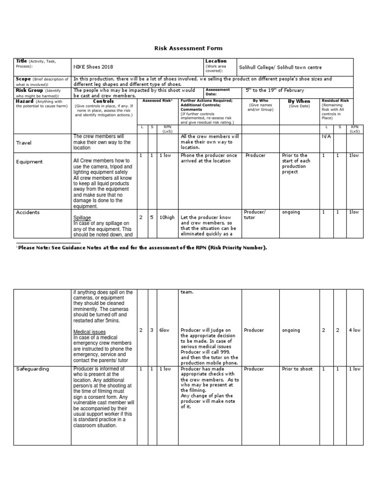 Filming Risk Assessment 2017-18 | PDF | Risk Assessment | Risk