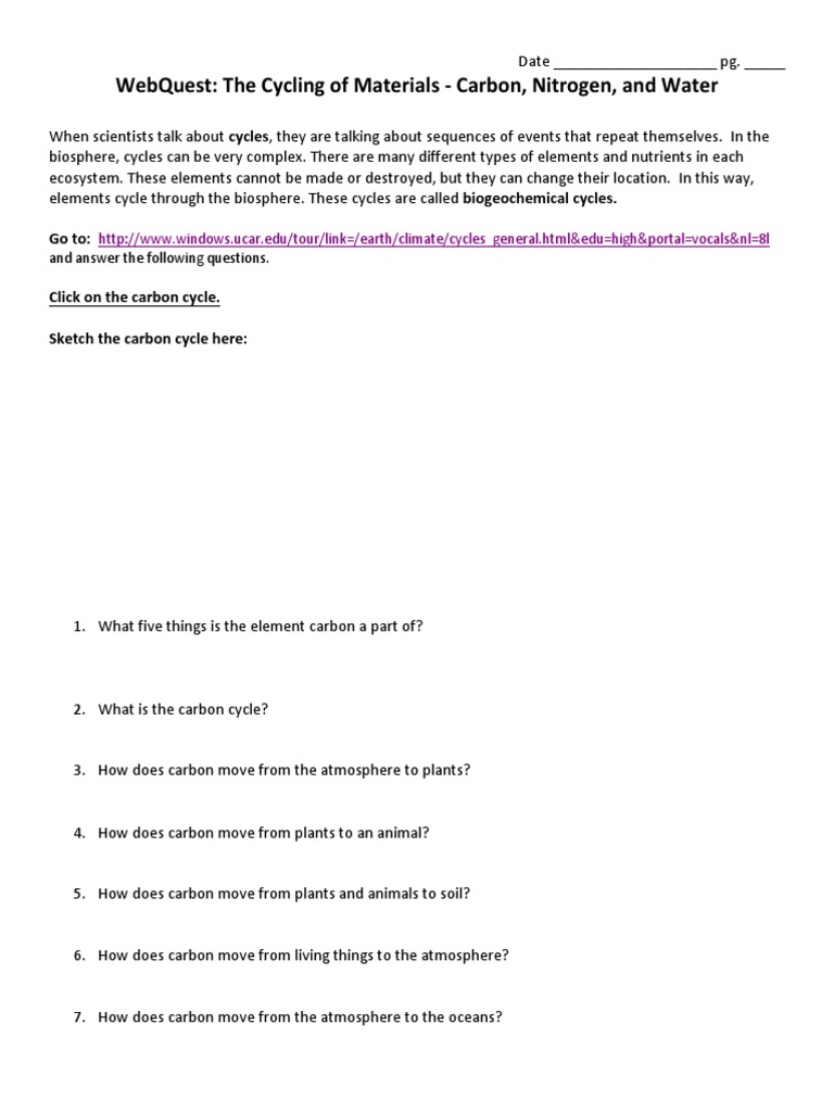 Carbon, Nitrogen, and Water Cycles WebQuest | PDF | Carbon Cycle ...