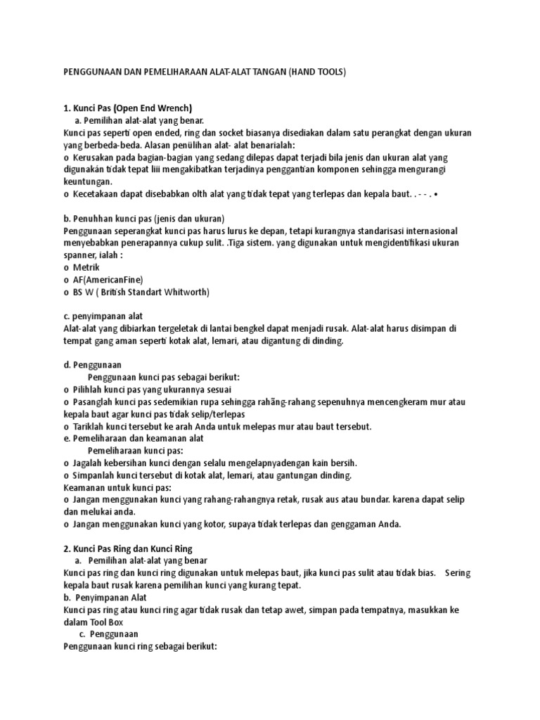 Materi Penggunaan Dan Pemeliharaan Alat-Alat Tangan (Hand Tools) | PDF