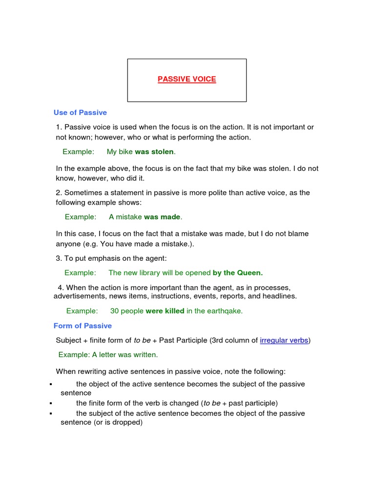 Language Reference PASSIVE VOICE PDF | Download Free PDF | Subject ...