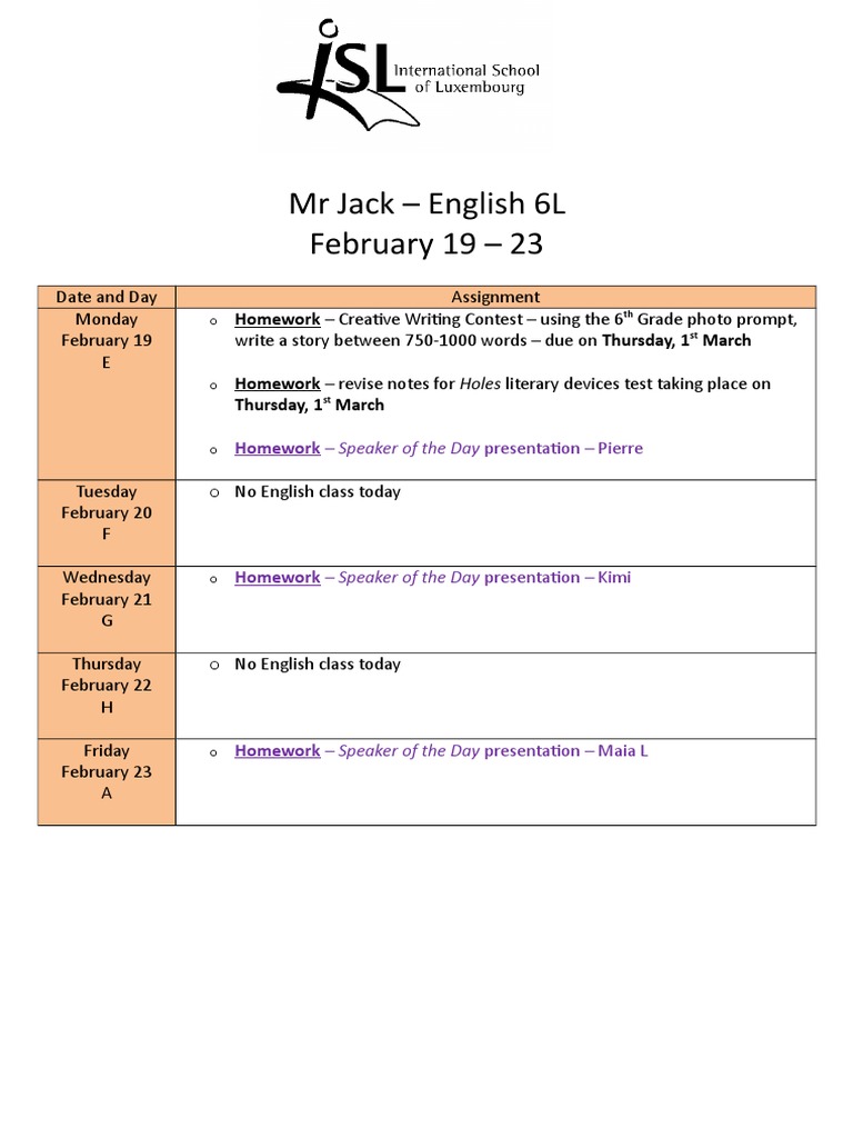 6th Grade English Assignments Overview | PDF