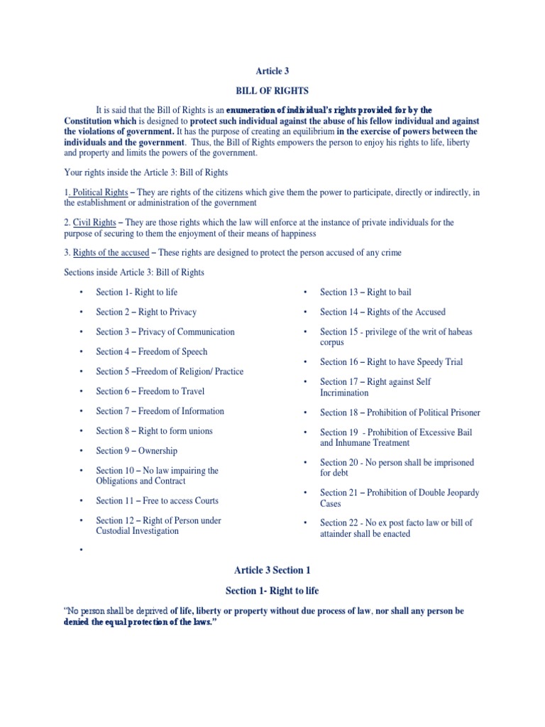Article 3 Section 1 Section 1-Right To Life | PDF | Search And Seizure ...