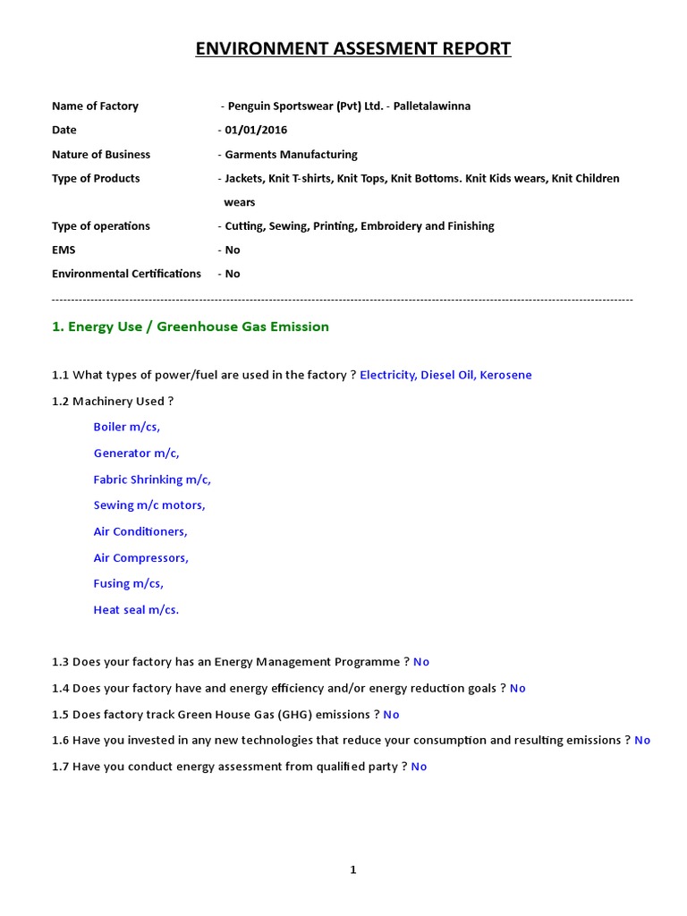 Environment Assesment Report: 1. Energy Use / Greenhouse Gas Emission ...