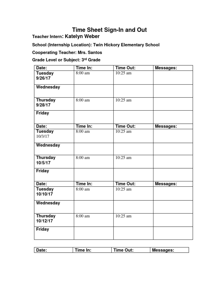 Katelyn Weber - Time in and Out Sheet 2 | PDF | Language Arts & Discipline