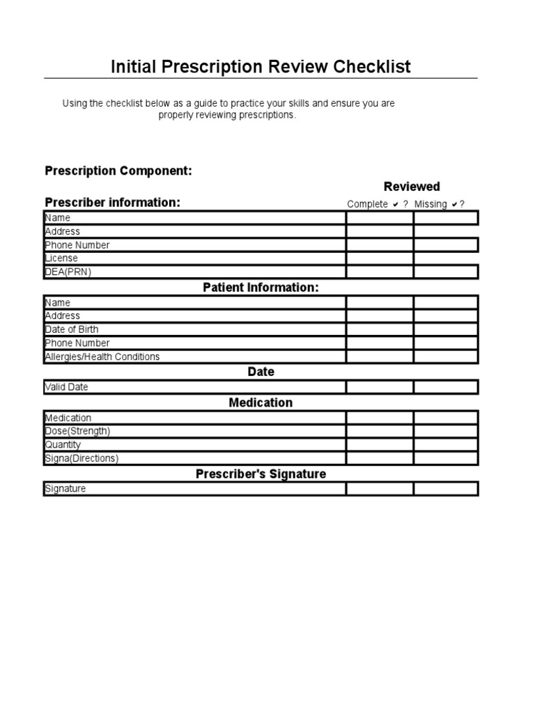 Initial Prescription Review Checklist: Prescription Component: Reviewed ...