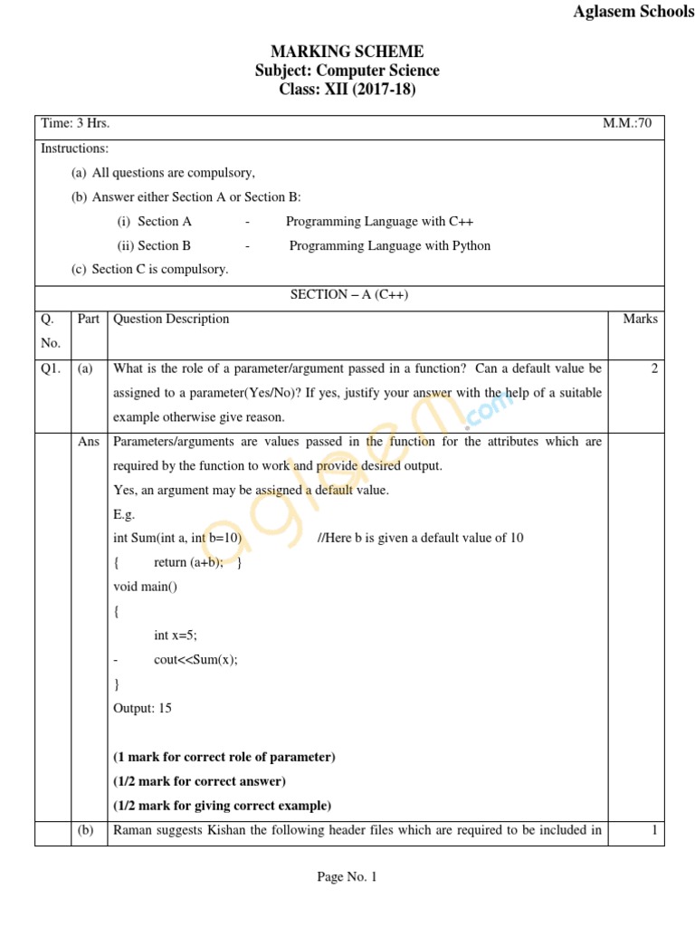CBSE Class 12 Sample Paper Marking Scheme 2018 - ComputerScience | Download Free PDF | Parameter ...