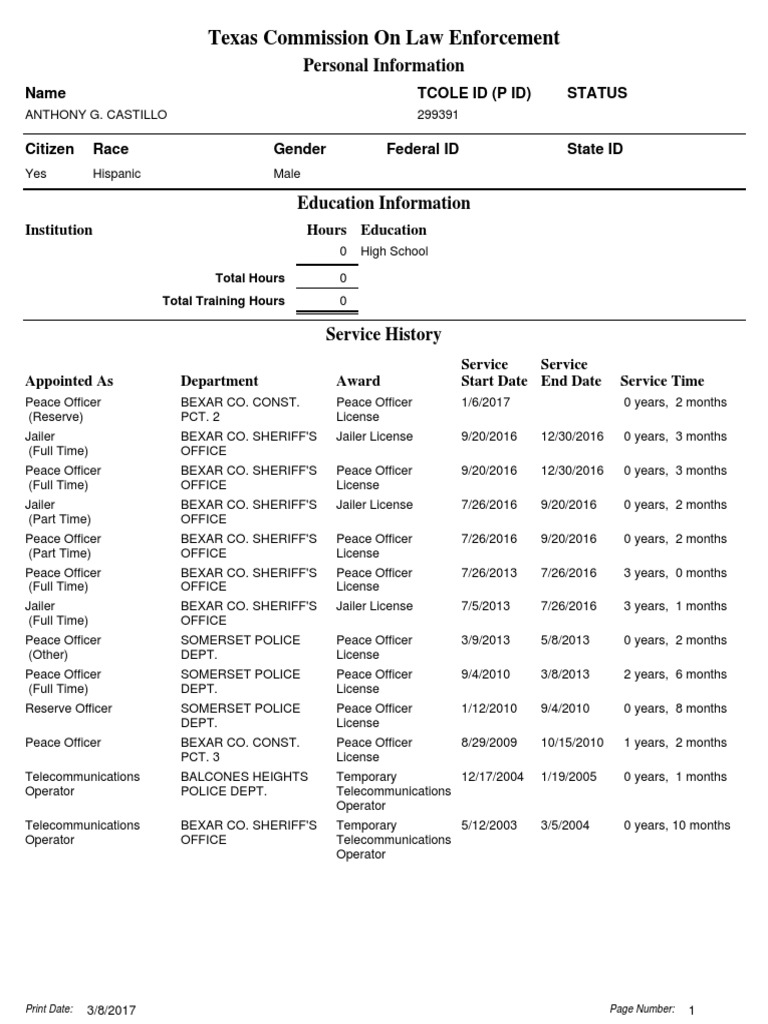 TCOLE Personal Status Report: Castillo | PDF | Law Enforcement Officer ...