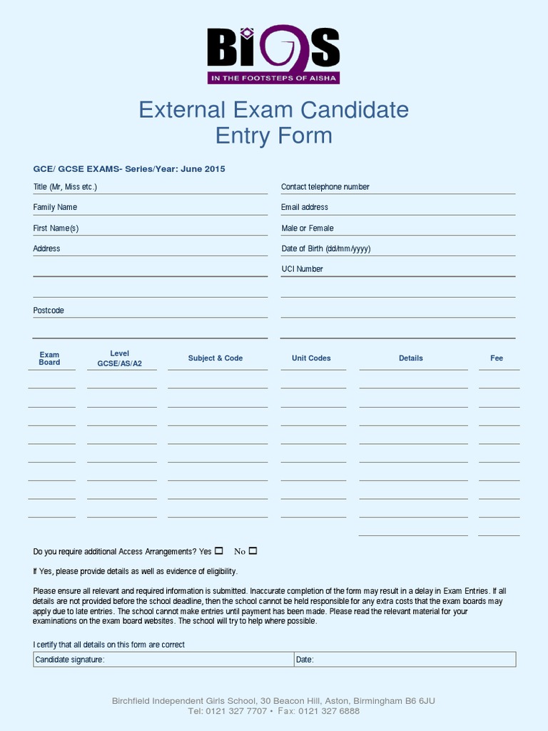 Birchfield Exam Entry Form 2015 | PDF