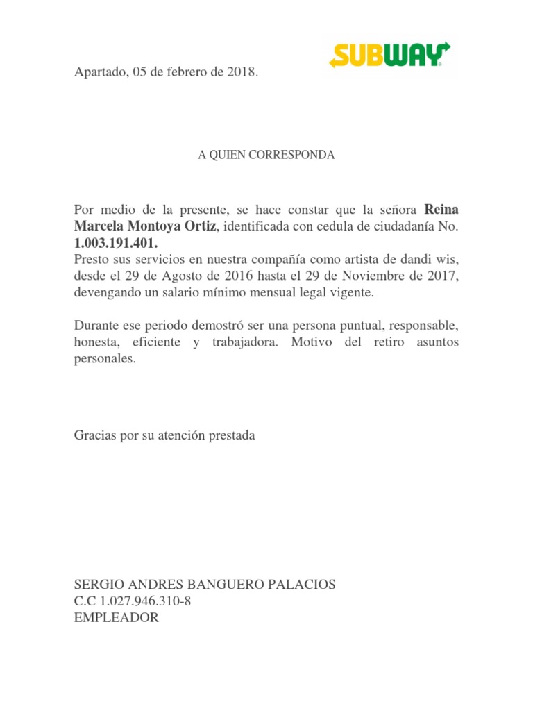 Carta de referencia laboral sencilla | PDF