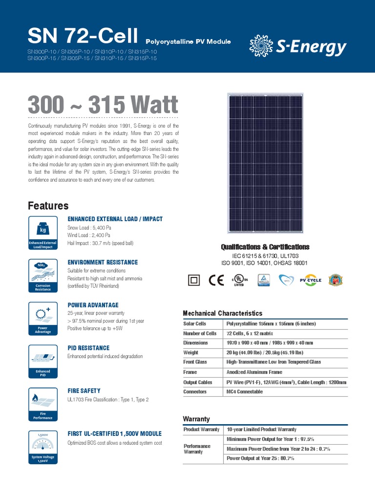 S-Energy SN-Series 72-Cell PV Modules | PDF | Solar Panel | Electrical ...