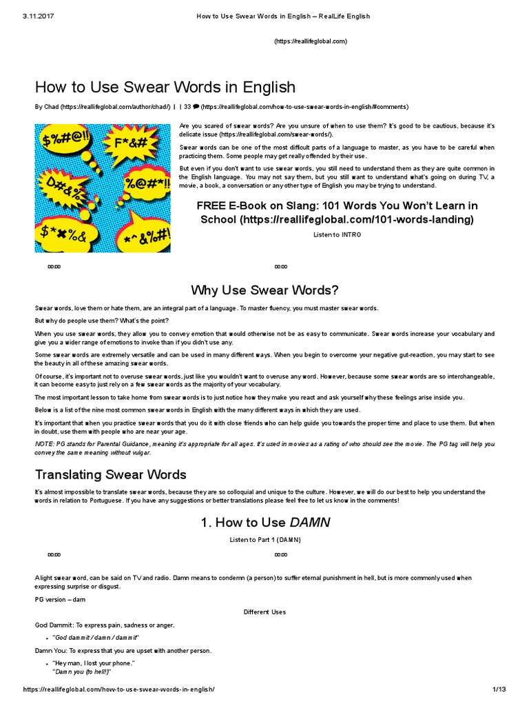 How To Use Swear Words in English - RealLife English | PDF | Urine ...