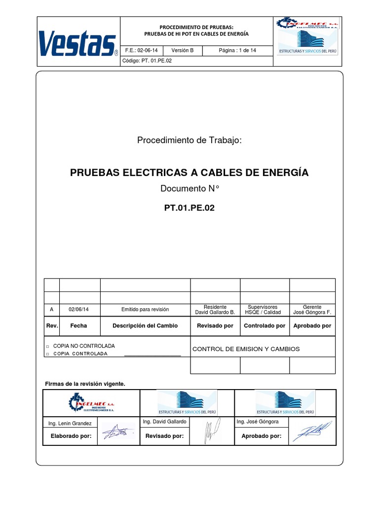 PT 01 PE 02 Pruebas de Hi Pot A Cables de Energía-Aprobado PDF | PDF ...