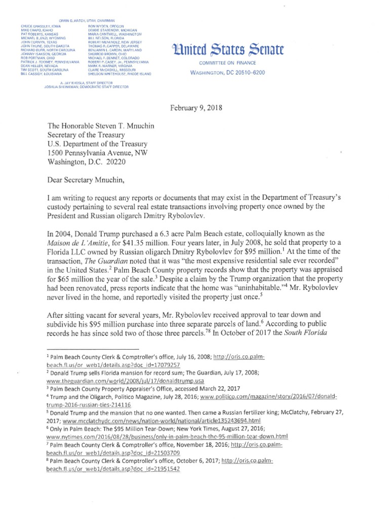 Sen. Ron Wyden's Letter To Treasury Secretary Steve Mnuchin | PDF