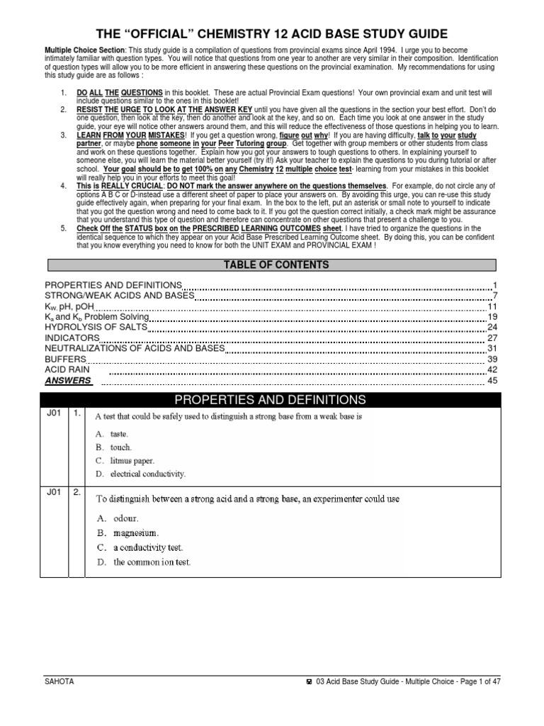 Acid and Base Study Guide (Multiple Choice Questions) | PDF | Ph | Test ...