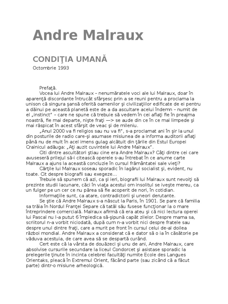 Conditia Umana - Andre Malraux PDF | PDF