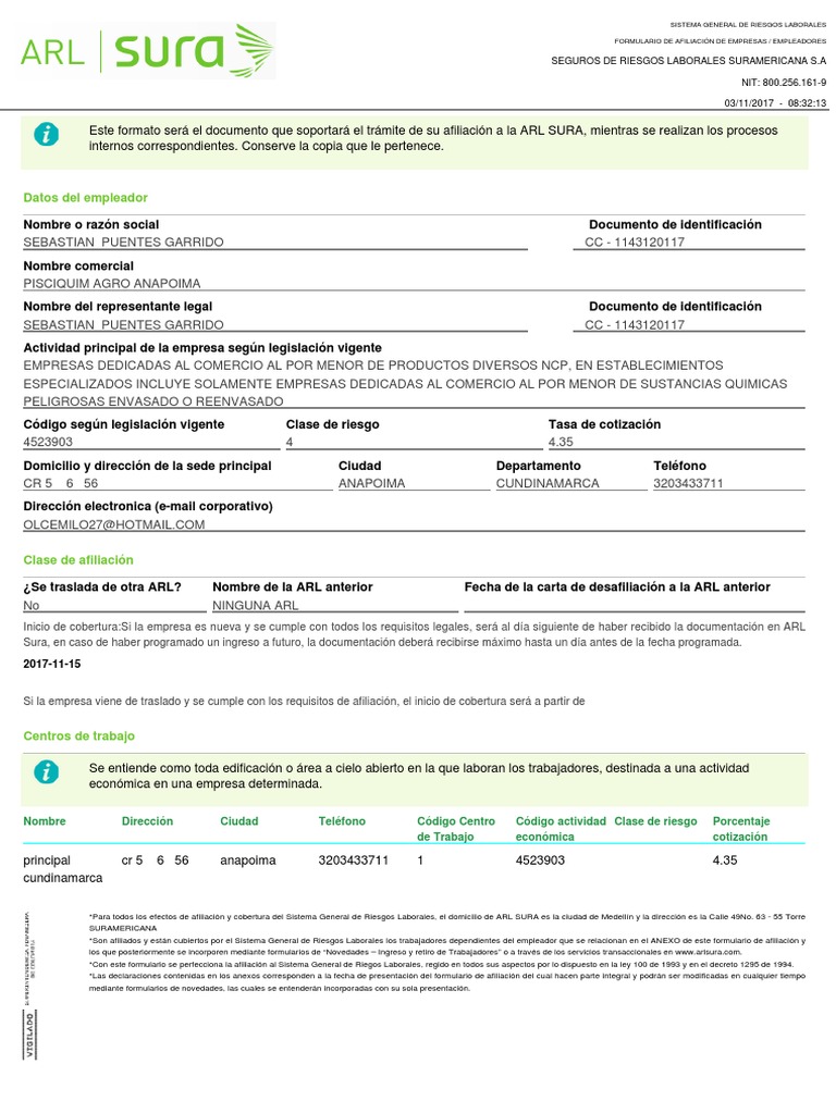 Formulario Afiliacion Arl Sura | Derecho laboral | Seguro