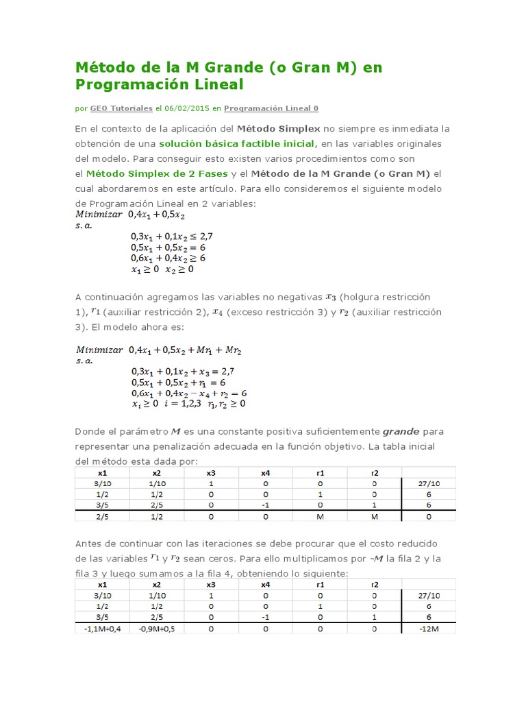 Método de la M Grande en Programación Lineal | PDF | Programación ...