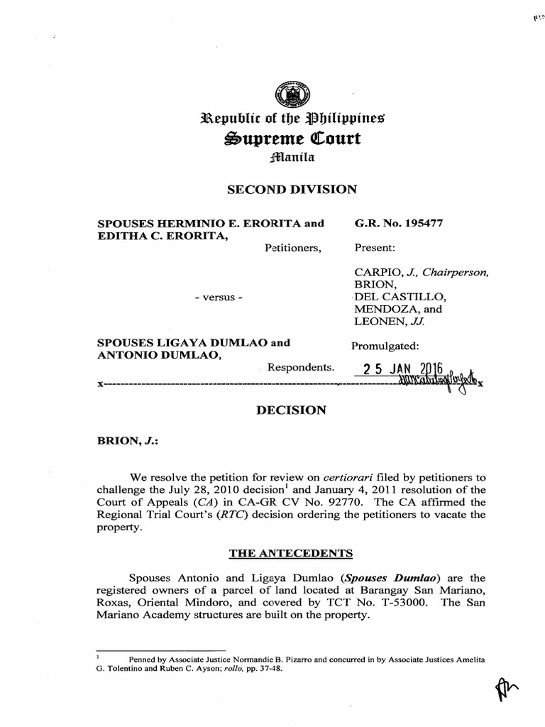 Sps Erorita Vs Sps Dumlao | PDF | Complaint | Lawsuit