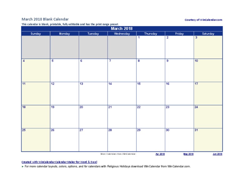 Printable March 2018 Blank Calendar | PDF
