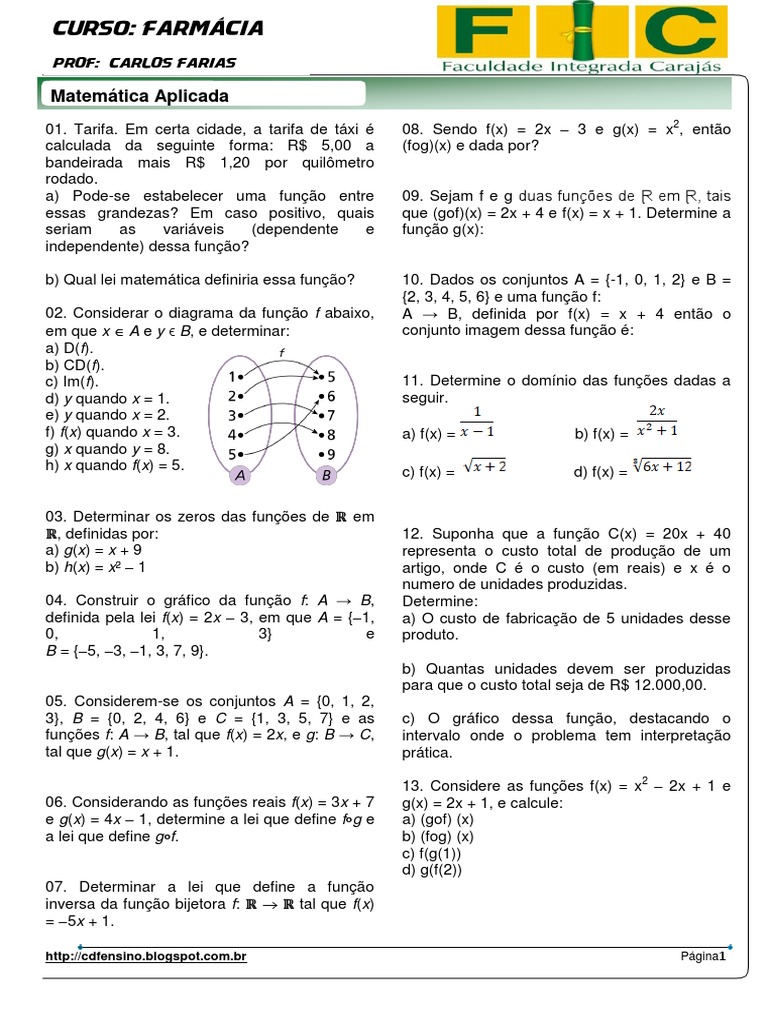 1ª Lista De Exercícios Matemática Noções De Função Função
