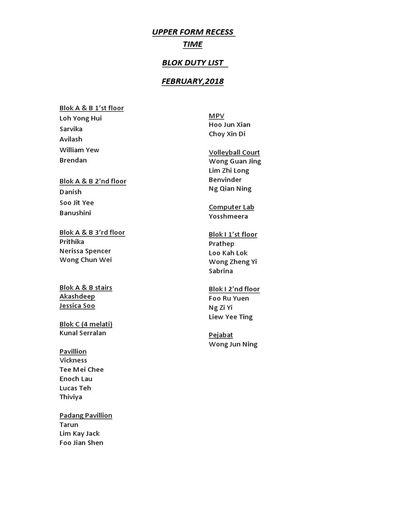 Upper Form Recess Time Blok Duty List FEBRUARY, 2018 | PDF