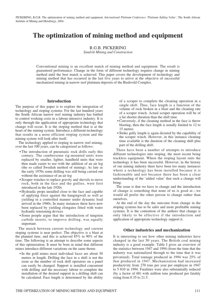 The Optimization of Mining Method and Equipment | PDF | Mining ...