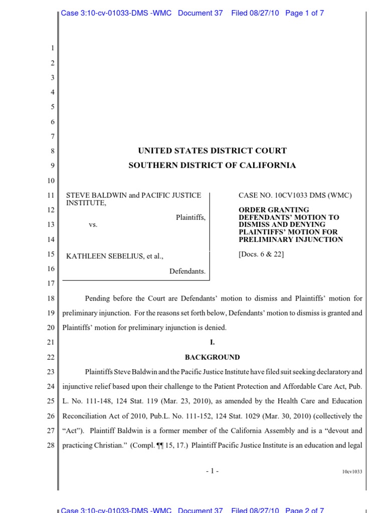 BALDWIN V SEBELIUS, Et Al. (Healthcare) - 37 - Order Granting Motion To Dismiss - 37 - Casd ...