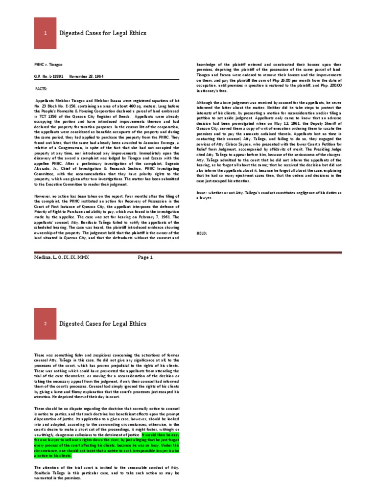 Digested Cases For Legal Ethics: Medina, L. O. IX. IX. MMX | PDF ...
