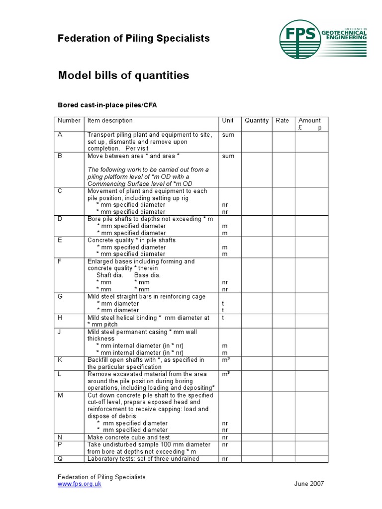 Model Bill of Quantities for Various Pile Types including Bored Cast-in ...