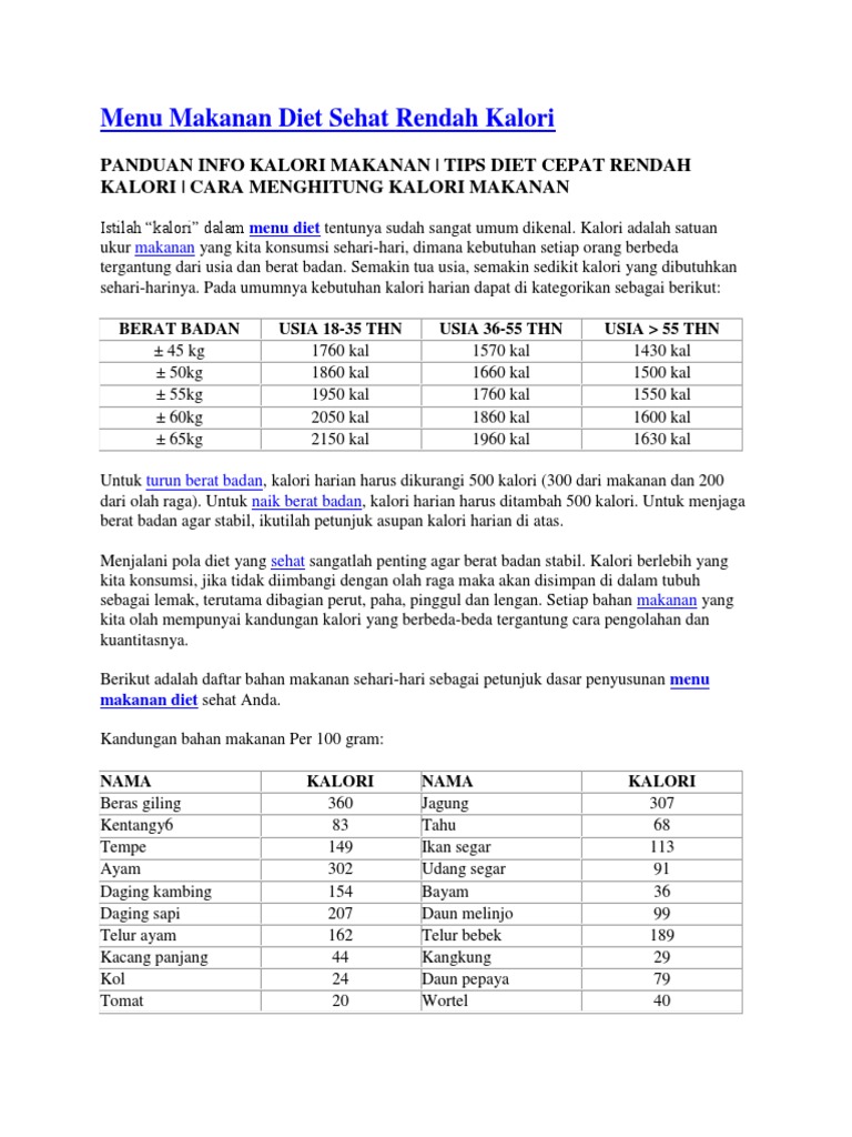 Menu Makanan Diet Sehat Rendah Kalori | PDF